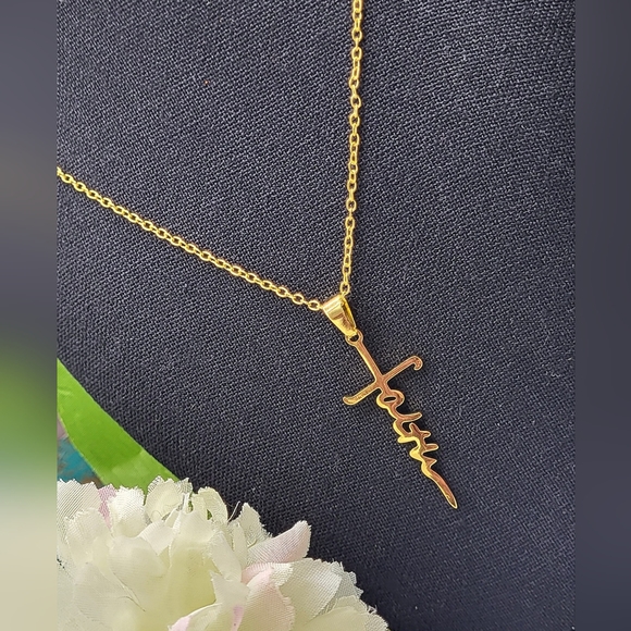 Jewelry | Stunning Gold Cross Faith Script Necklace New | Poshmark